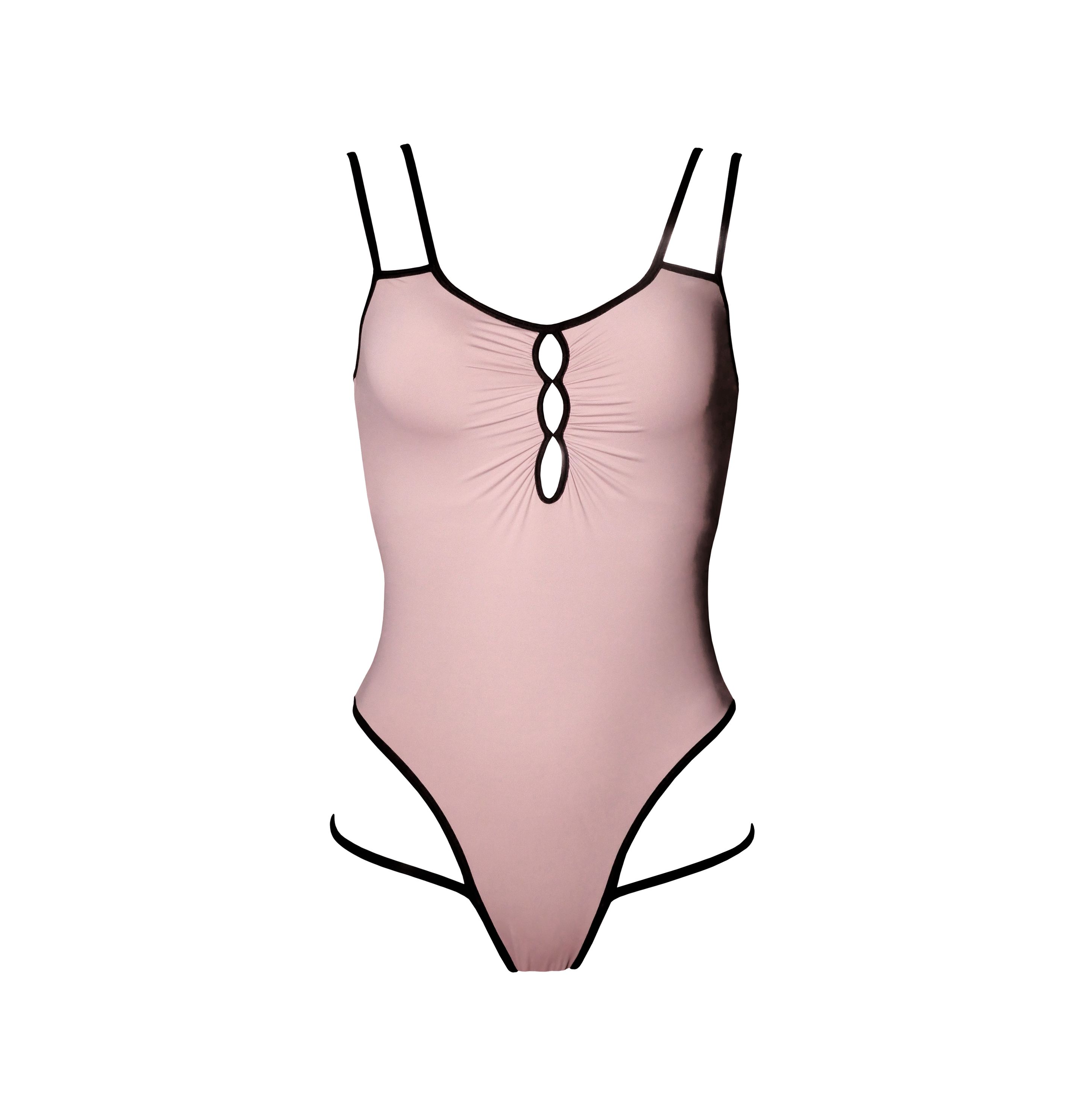 Pastel pink hollow front bodysuit with black binding - Hamade - Hamade