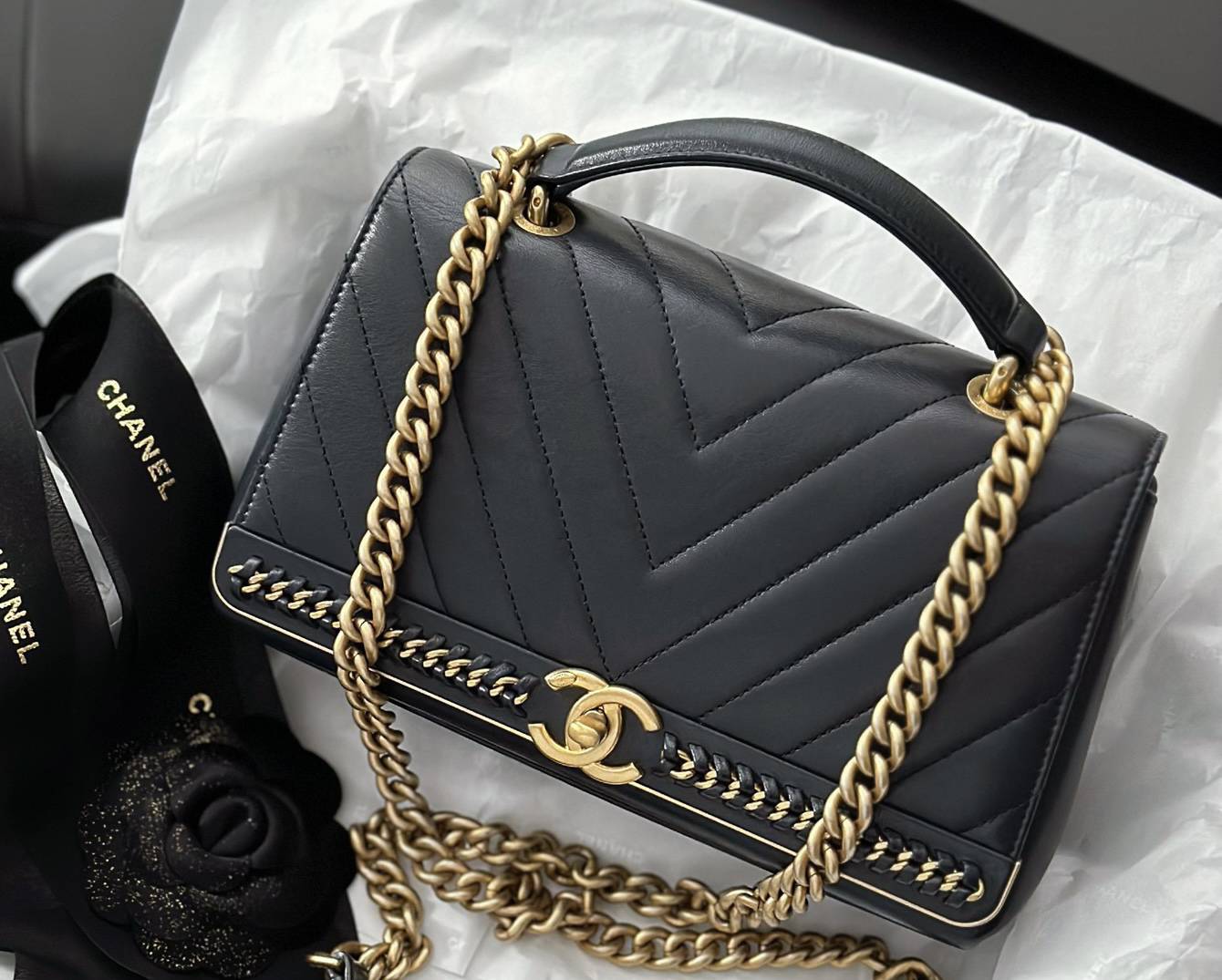 Chanel navy chevron chain braided two way cc flap bag limited ...